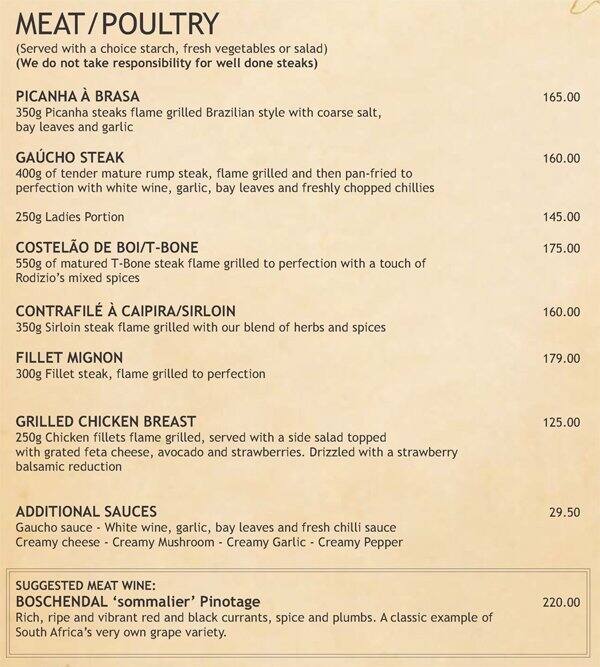 Menu at Rodizio restaurant, Randburg, William Nicol Drive