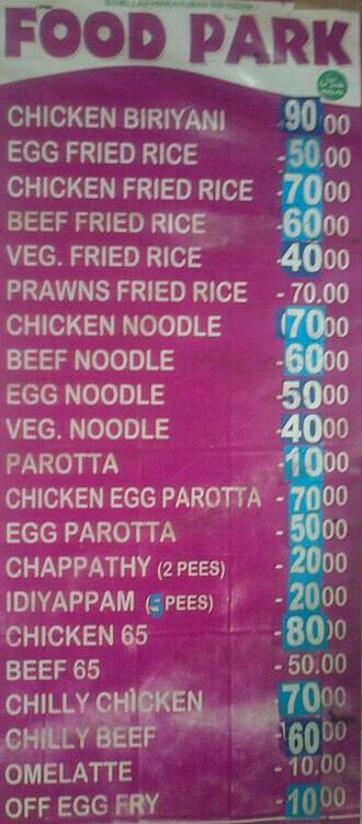 Menu at Food Park, Chennai, 20