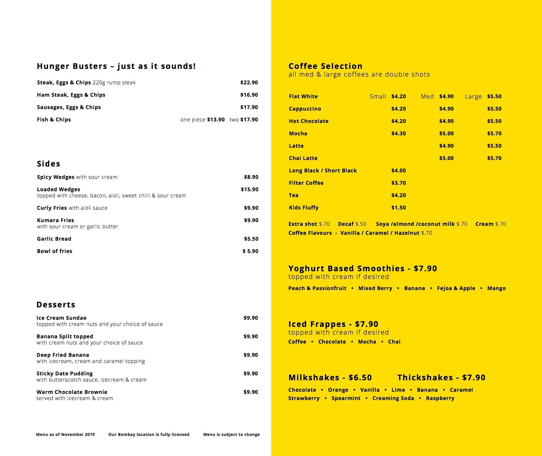 Menu at Autobahn Cafe Bombay, Auckland, 216 Mill Rd