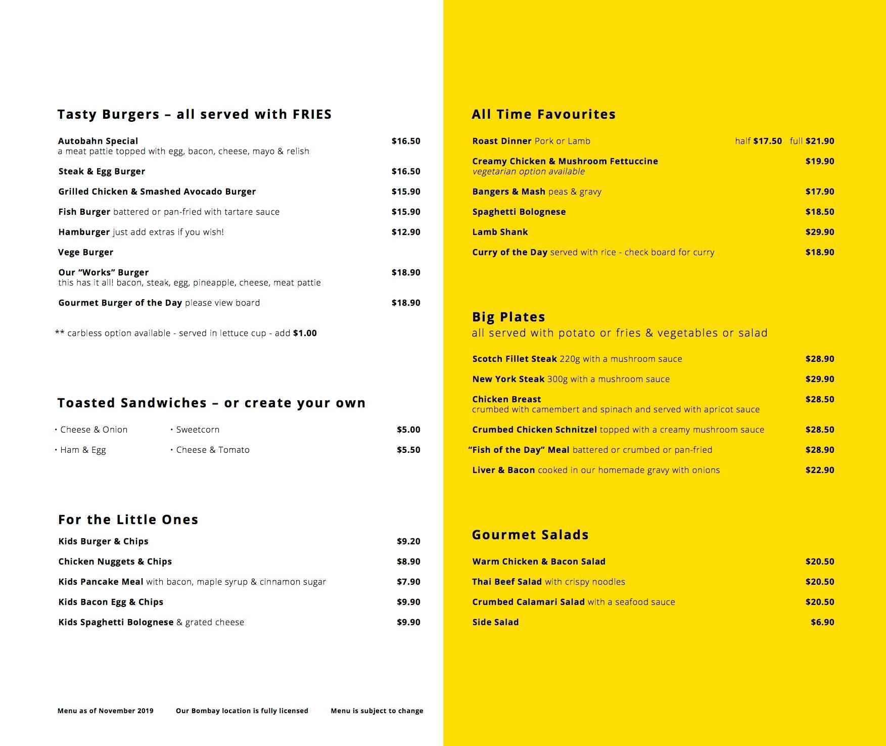 Menu at Autobahn Cafe Bombay, Auckland, 216 Mill Rd