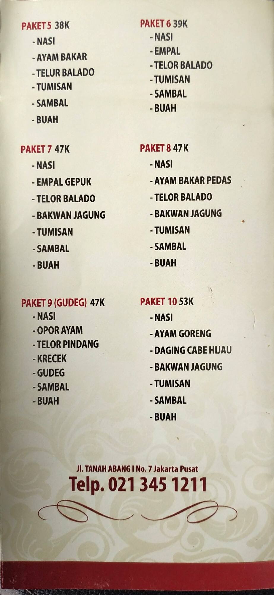 Menu at Pondok pa' sob restaurant, Jakarta, Jl.tanah abang I
