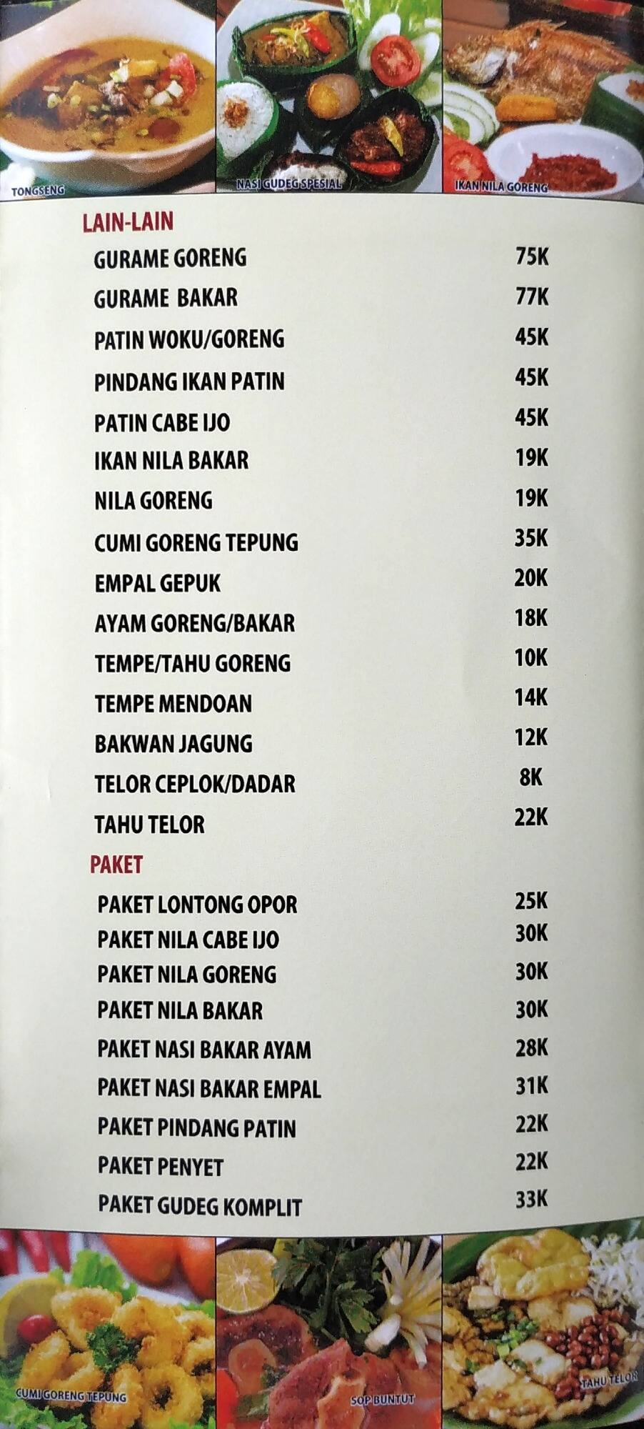 Menu at Pondok pa' sob restaurant, Jakarta, Jl.tanah abang I