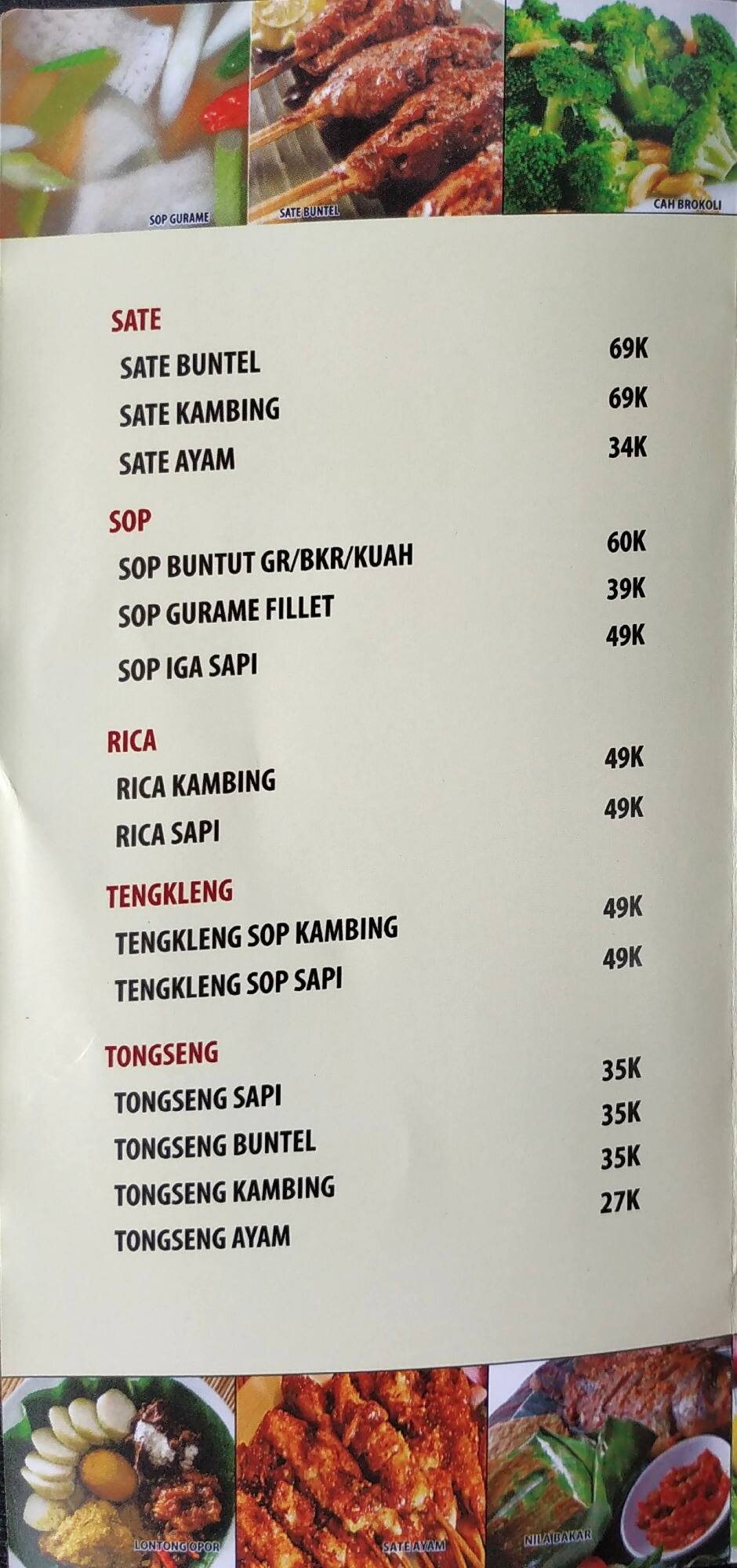 Menu at Pondok pa' sob restaurant, Jakarta, Jl.tanah abang I