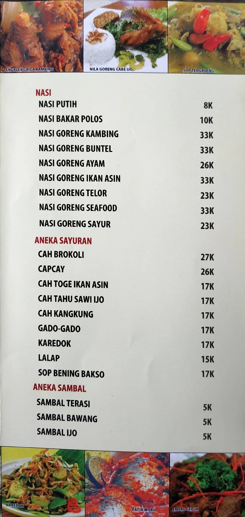 Menu at Pondok pa' sob restaurant, Jakarta, Jl.tanah abang I