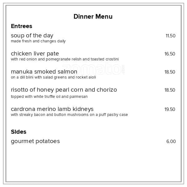 Menu at Bacchus Wine Bar & Restaurant, Dunedin