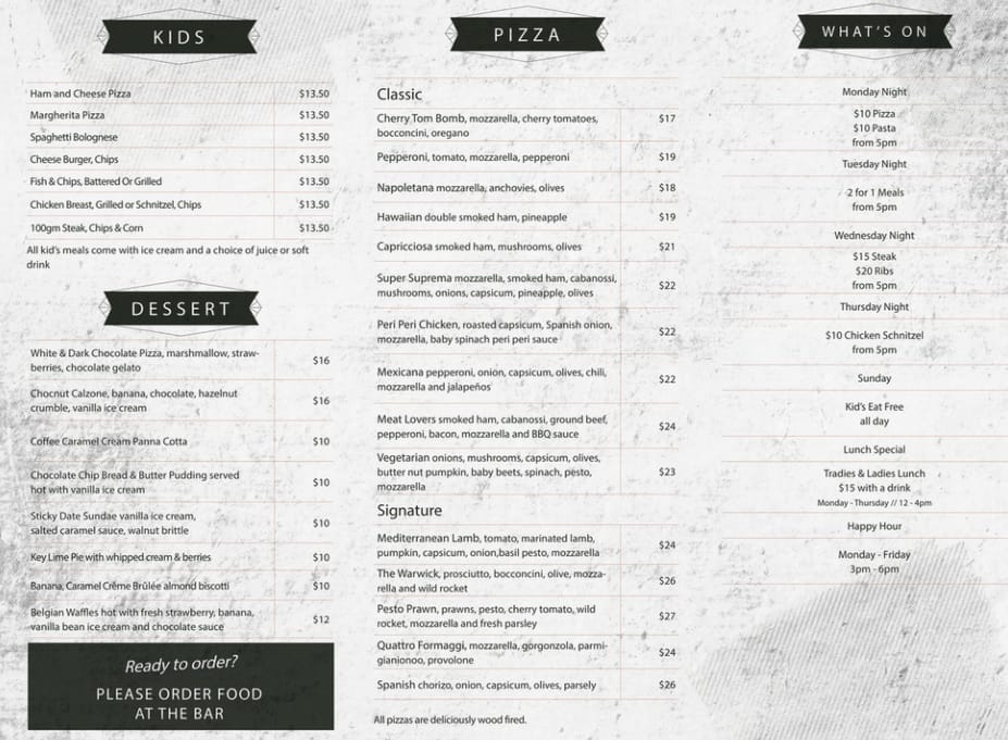 Menu at The Warwick pub & bar, Cabramatta