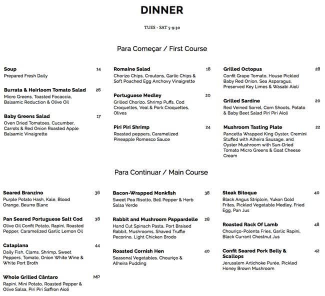 Menu at Flor de Sal Restaurant, Toronto