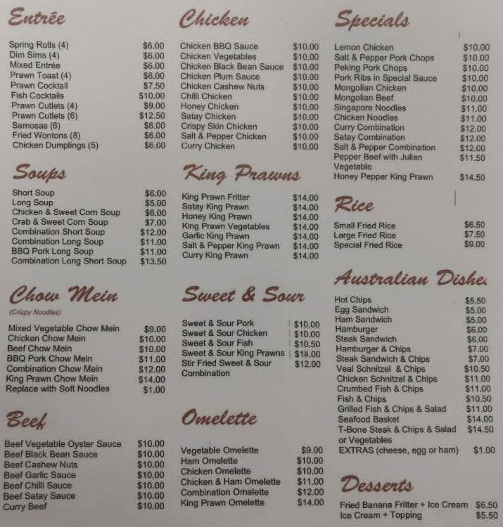 Menu at Billy's Kitchen at Botany Golf Club, Banksmeadow