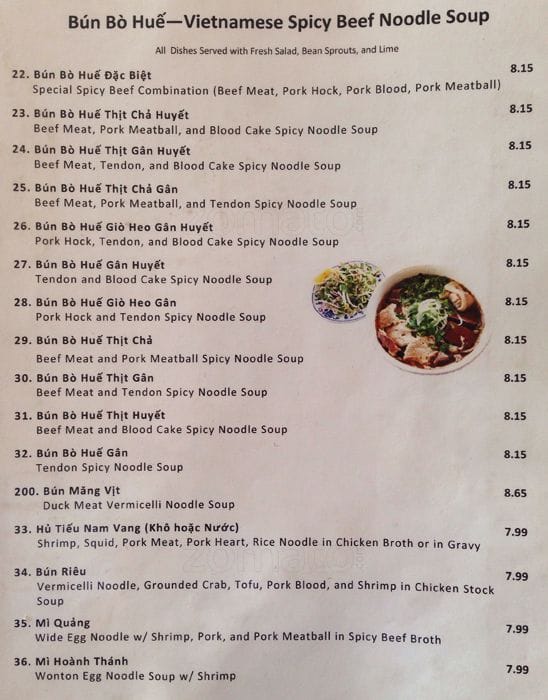 Menu at Pho Hai Yen restaurant, Seattle