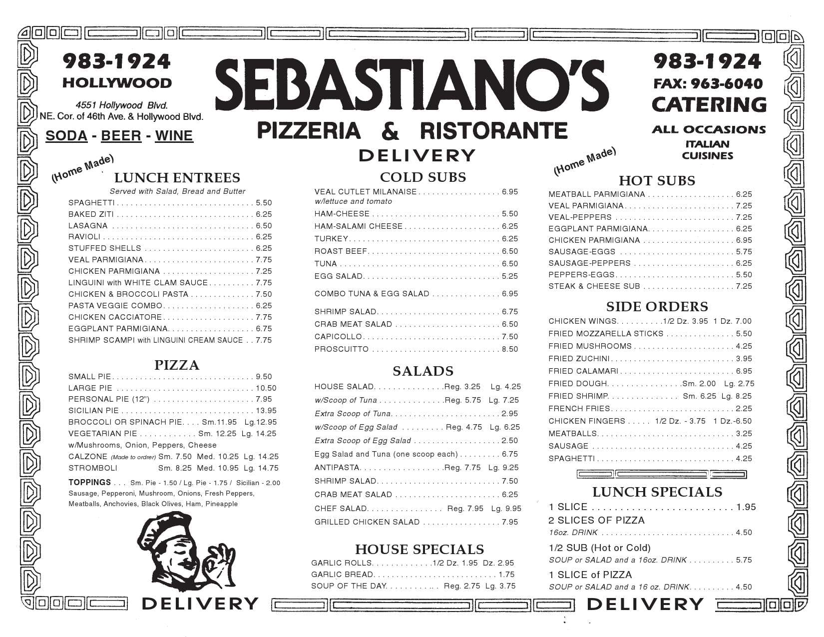 Menu at Sebastiano's Italian Restaurant, Hollywood, Hollywood Blvd