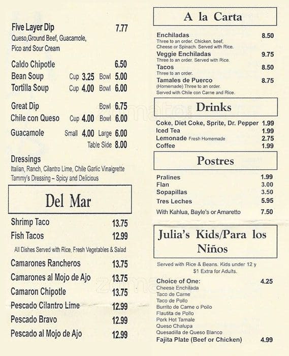 Menu at Mena's Tex-Mex Grill restaurant, Richardson