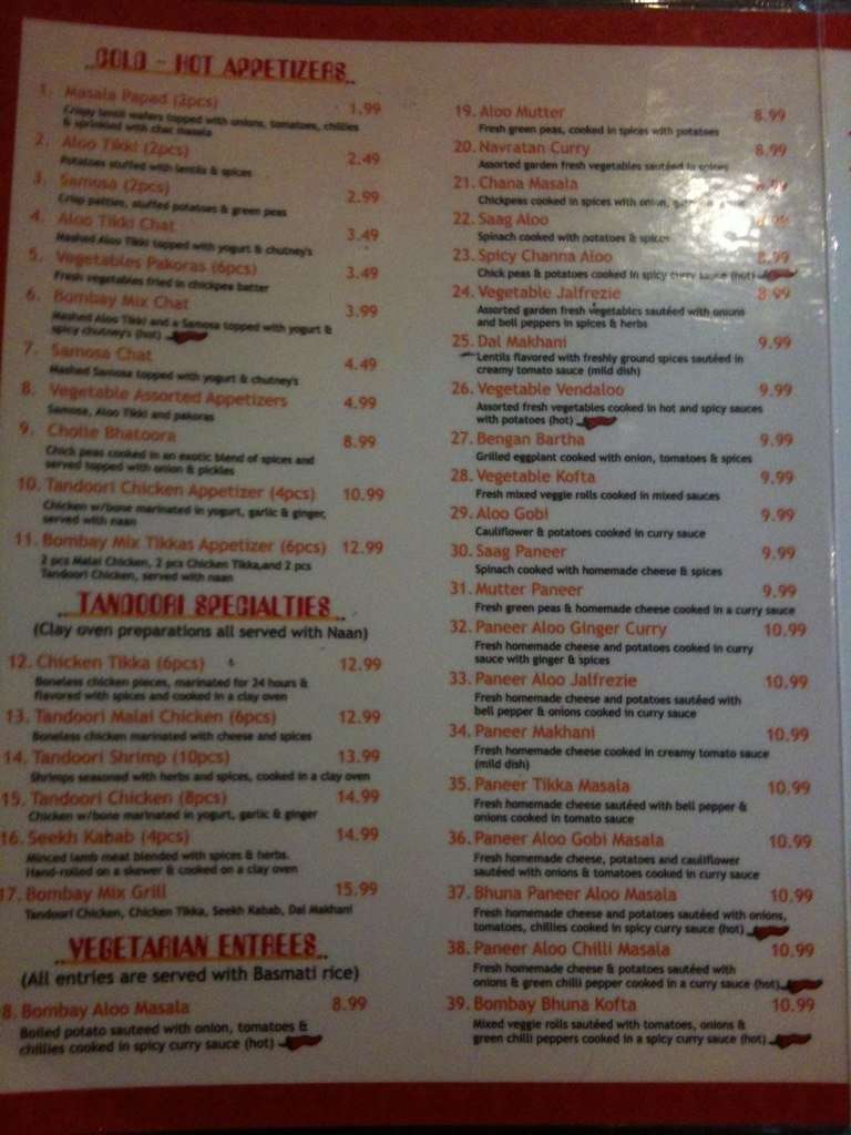 Menu at Bombay Indian Grill restaurant, Champaign, 302 S 1st St