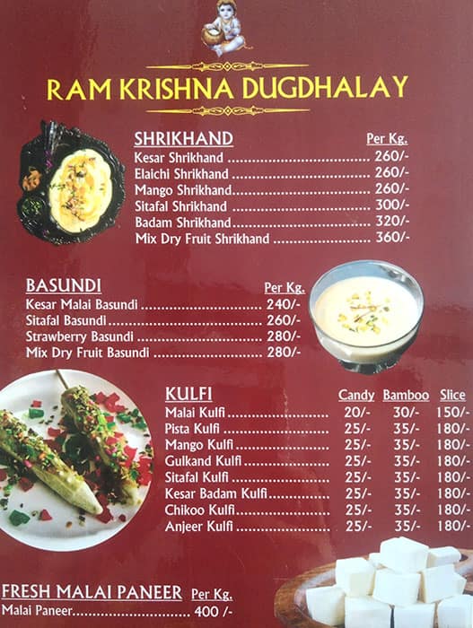 Menu of Ram Krishna Dugdhalaya, Vile Parle East, Mumbai