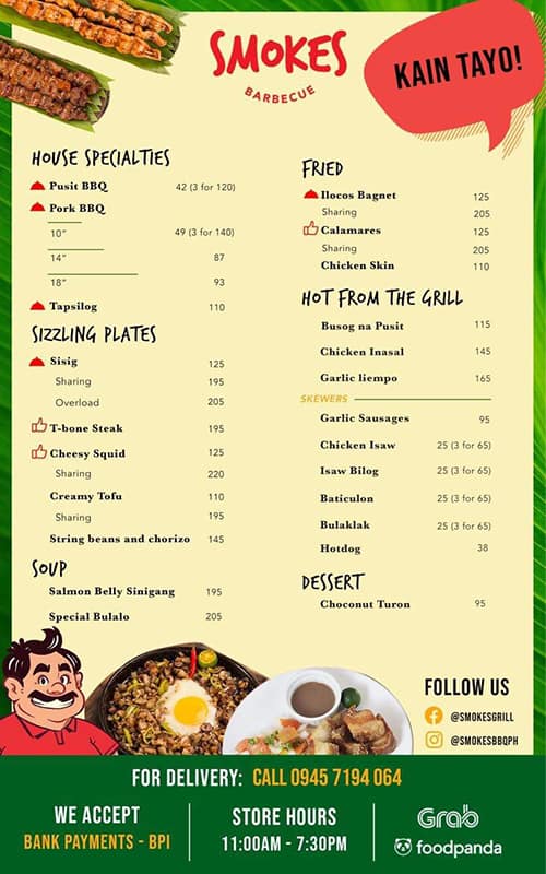 Menu at Smokes Tatay's BBQ, Pasig