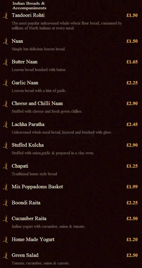 Menu at Sanskrit restaurant, Birmingham