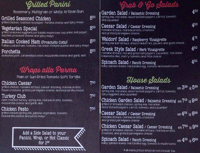 Menu at Parma Ravioli restaurant, Ottawa