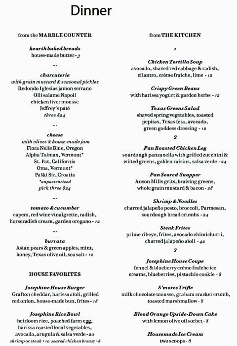 Menu at Josephine House pub & bar, Austin