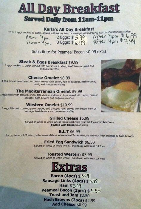 Menu at Karla’s Roadhouse pub & bar, Toronto, Kingston Rd