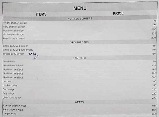 Menu at Knight Bite, Mangaluru, 20-1-7/10