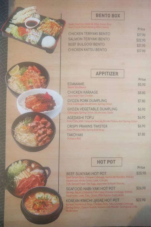 Menu at Sushi Samurai restaurant, Auckland