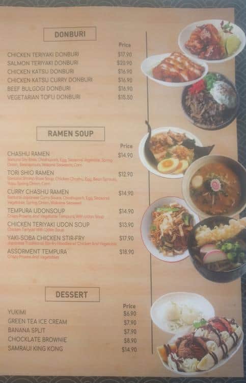 Menu at Sushi Samurai restaurant, Auckland