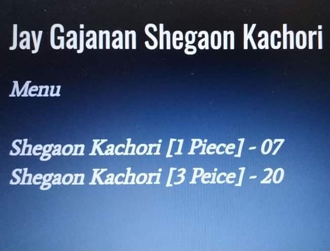 Menu of Jay Gajanan Maharaj Shegaon Kachori, Cidco, Nashik
