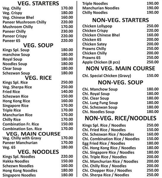 Menu of King Chinese Corner, Vasai, Mumbai