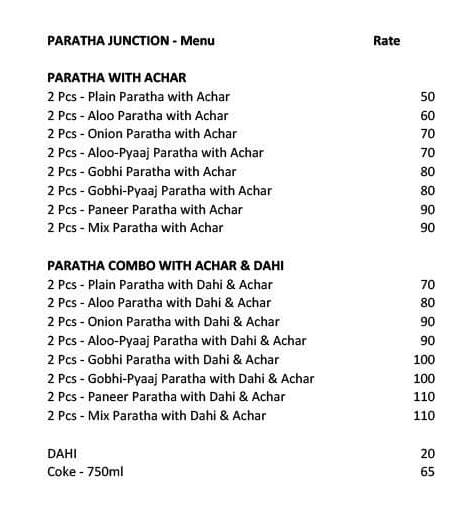 Menu of Paratha Junction, Paharganj, New Delhi