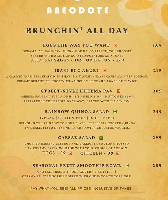 Menu of Cafe Anecdote, Vasant Vihar, Thane West, Thane