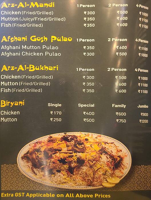 Menu of Arabiana Restaurant, Charminar, Hyderabad