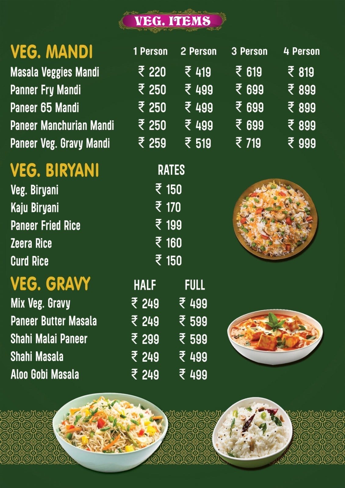Menu of Arabiana Restaurant, Charminar, Hyderabad