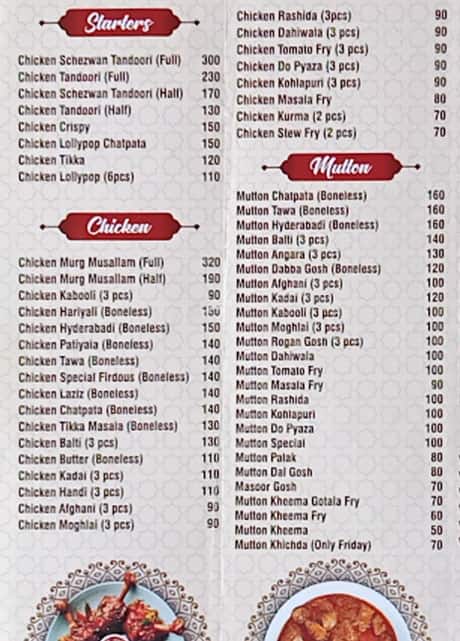 Menu at Cafe Firdous, Mumbai