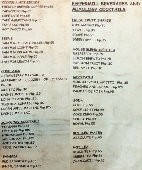 Menu at Peppermill restaurant, Quezon City