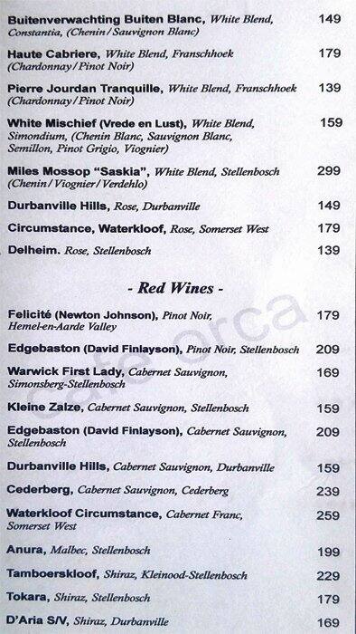 Menu at Cafe Orca, Cape Town