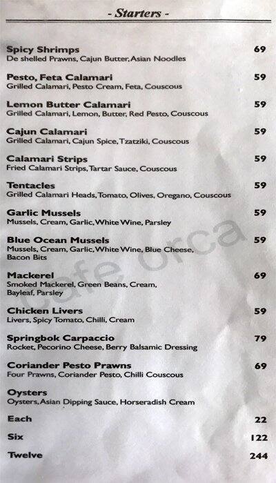 Menu at Cafe Orca, Cape Town