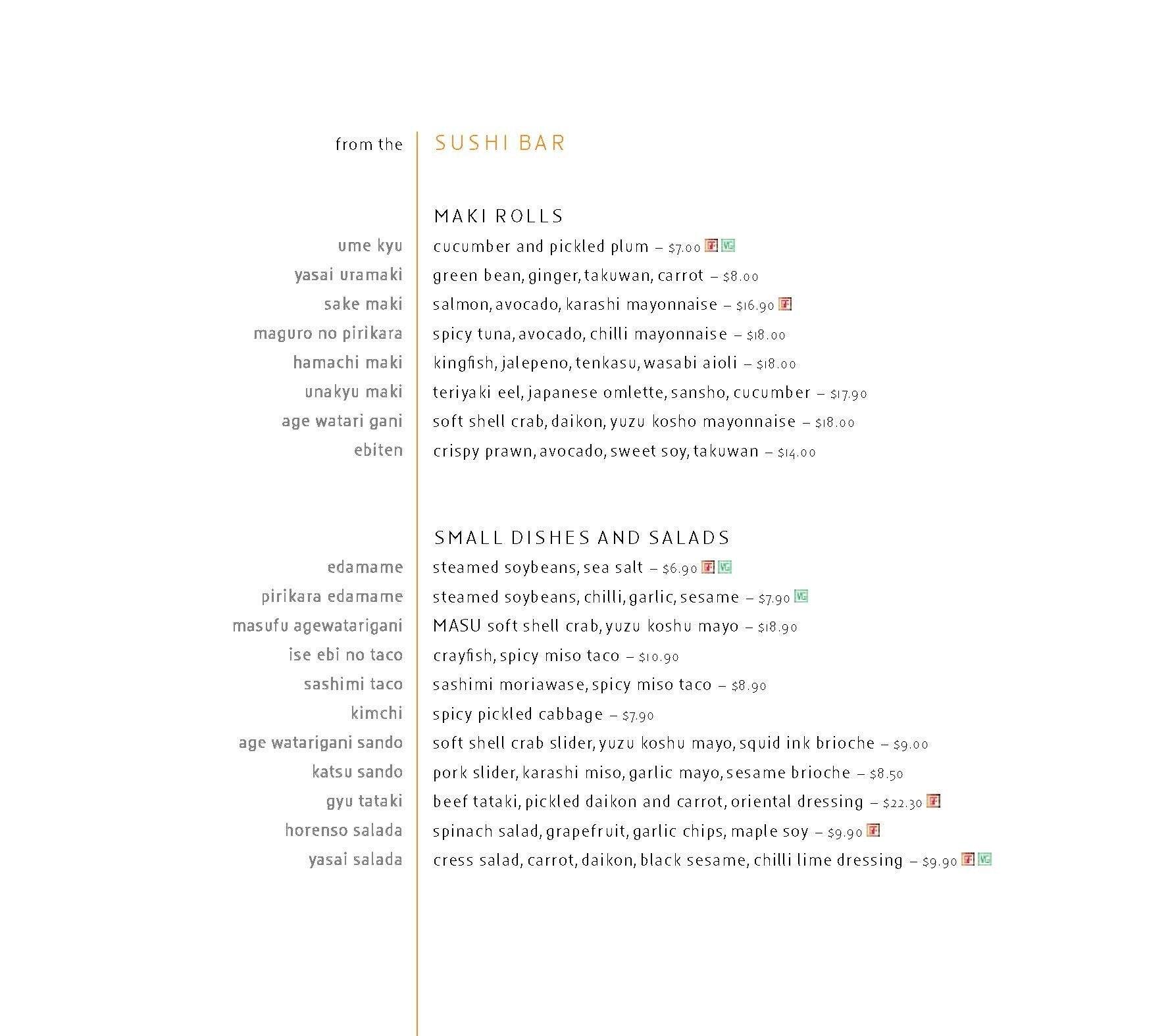 Menu at Masu restaurant, Auckland