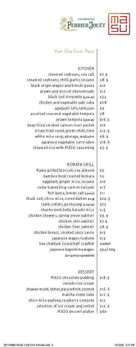 Menu at Masu restaurant, Auckland