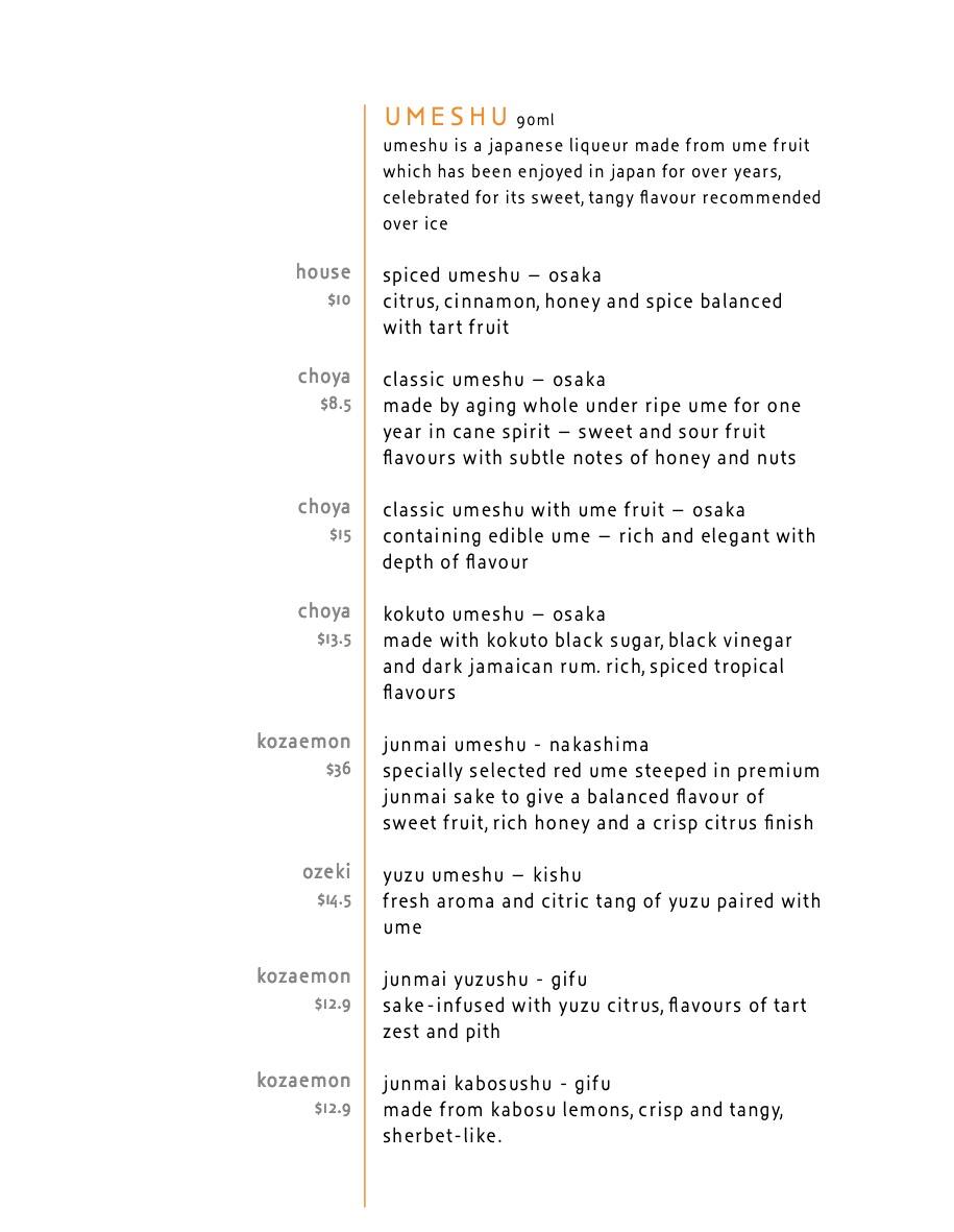 Menu at Masu restaurant, Auckland