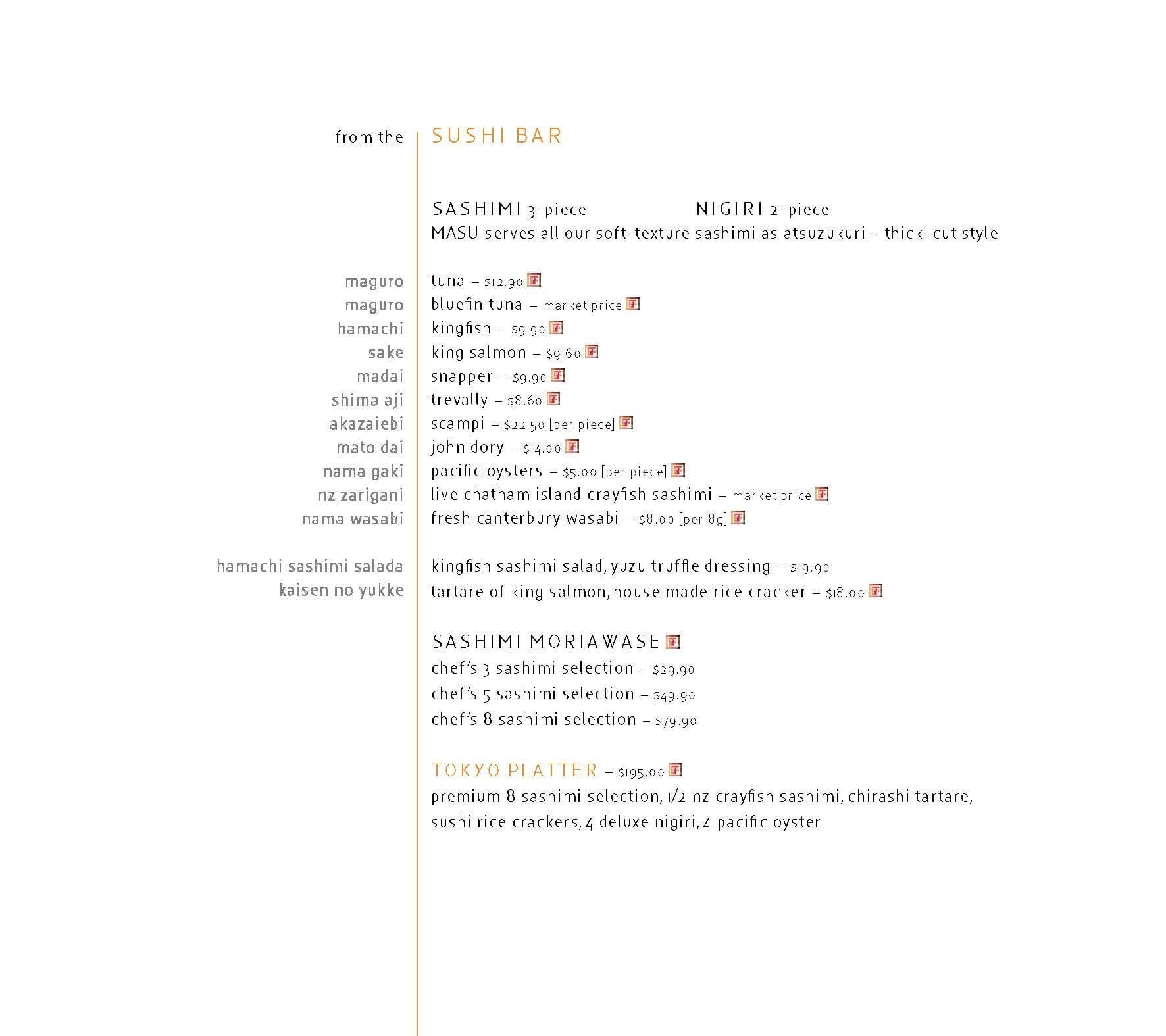 Menu at Masu restaurant, Auckland