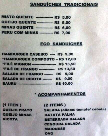 Menu at Eco Bistrô restaurant, Rio de Janeiro