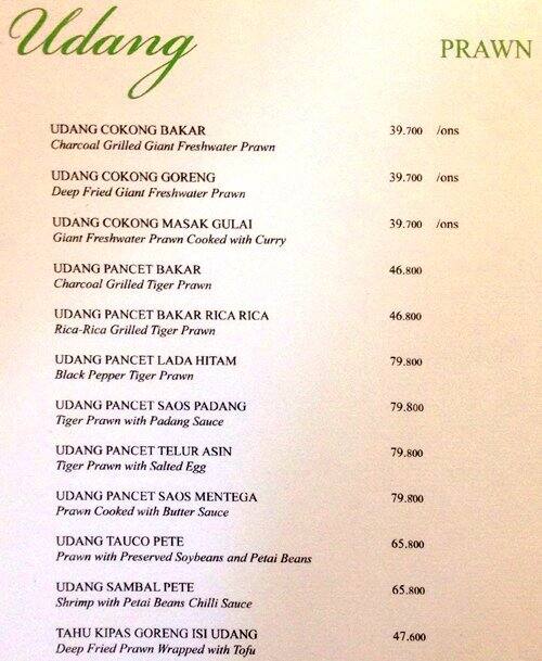 Menu at Pandan Bistro restaurant, Jakarta, Jln. Boulevard Raya No. 21