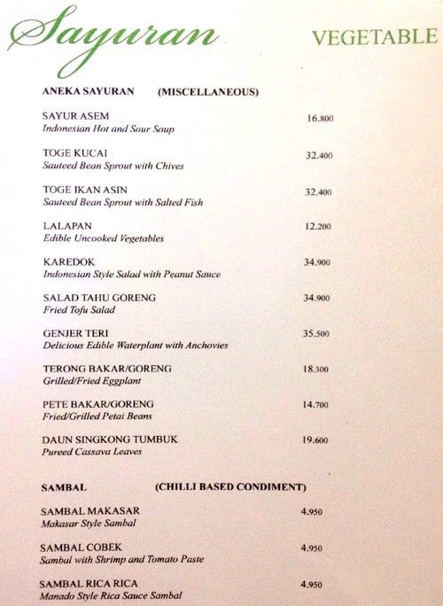 Menu at Pandan Bistro restaurant, Jakarta, 1