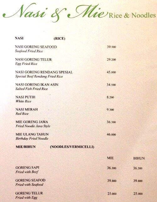 Menu at Pandan Bistro restaurant, Jakarta, 1