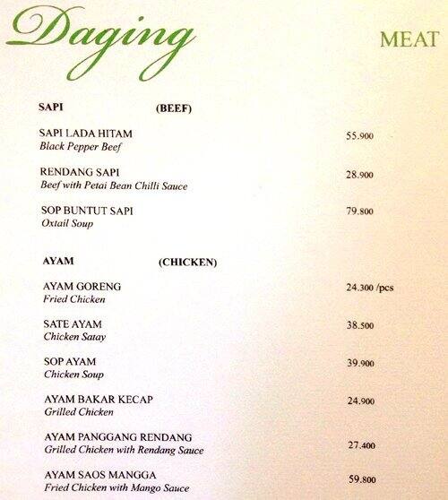 Menu at Pandan Bistro restaurant, Jakarta, Jln. Boulevard Raya No. 21