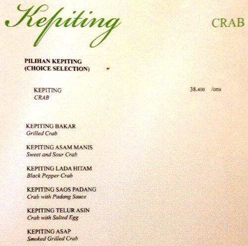 Menu at Pandan Bistro restaurant, Jakarta, Jln. Boulevard Raya No. 21