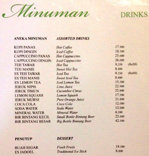 Menu at Pandan Bistro restaurant, Jakarta, Jln. Boulevard Raya No. 21