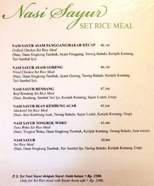 Menu at Pandan Bistro restaurant, Jakarta, 1