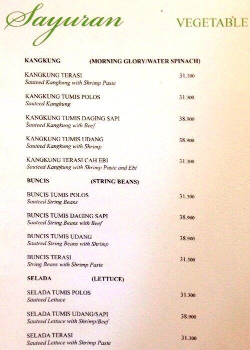 Menu at Pandan Bistro restaurant, Jakarta, Jln. Boulevard Raya No. 21