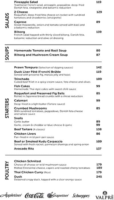 Menu at Blu Saffron restaurant, Pretoria