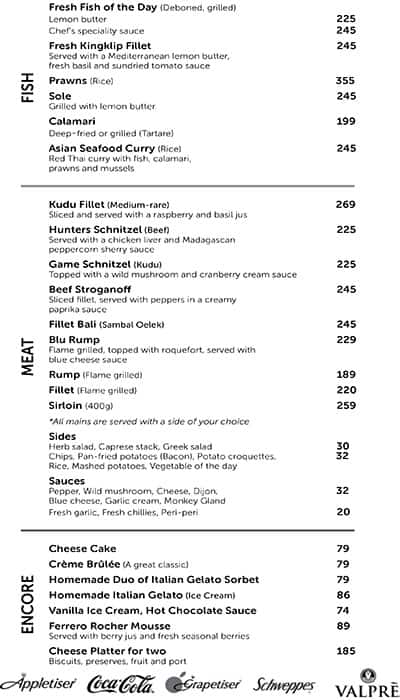 Menu at Blu Saffron restaurant, Pretoria